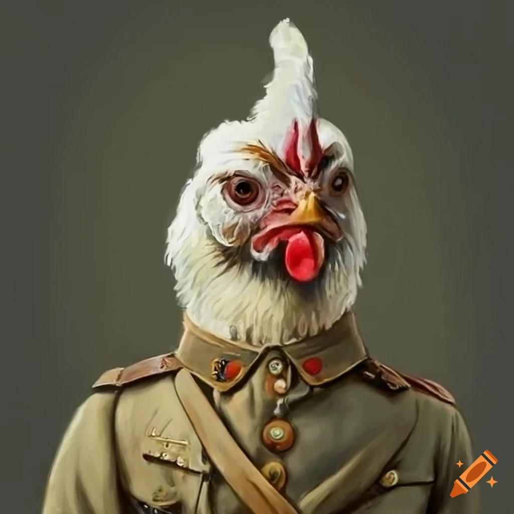 Anthropomorphic chicken in white ww1 military uniform on Craiyon