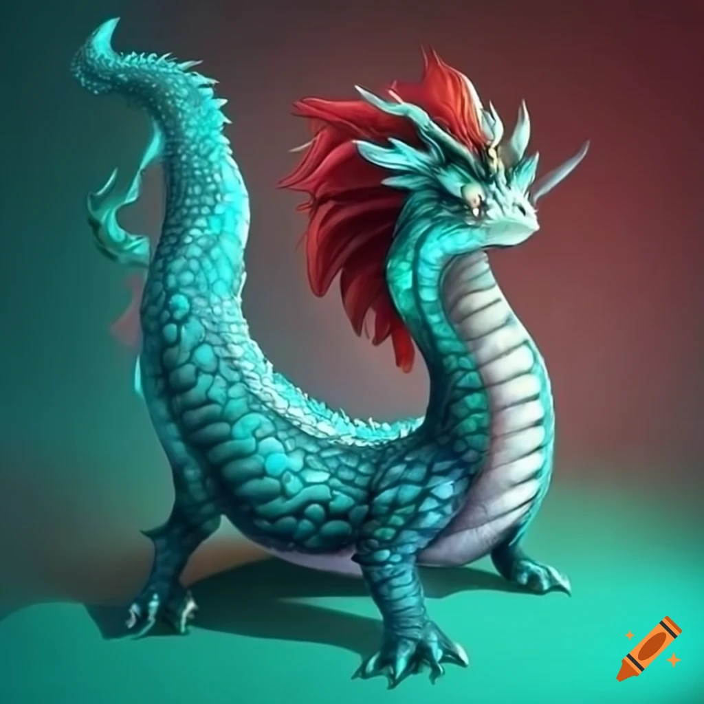 Cute little asian dragon with teal skin and red mane on Craiyon