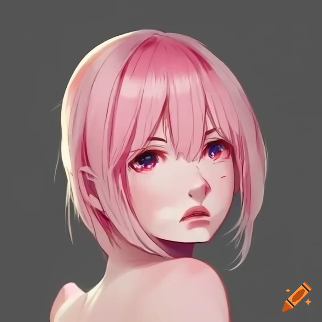 Anime girl with pink-blonde hair looking back and frowning on Craiyon