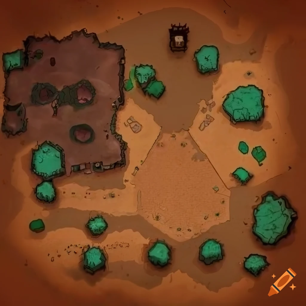Top view fantasy game strategy map with ruins in a sandy desert valley ...