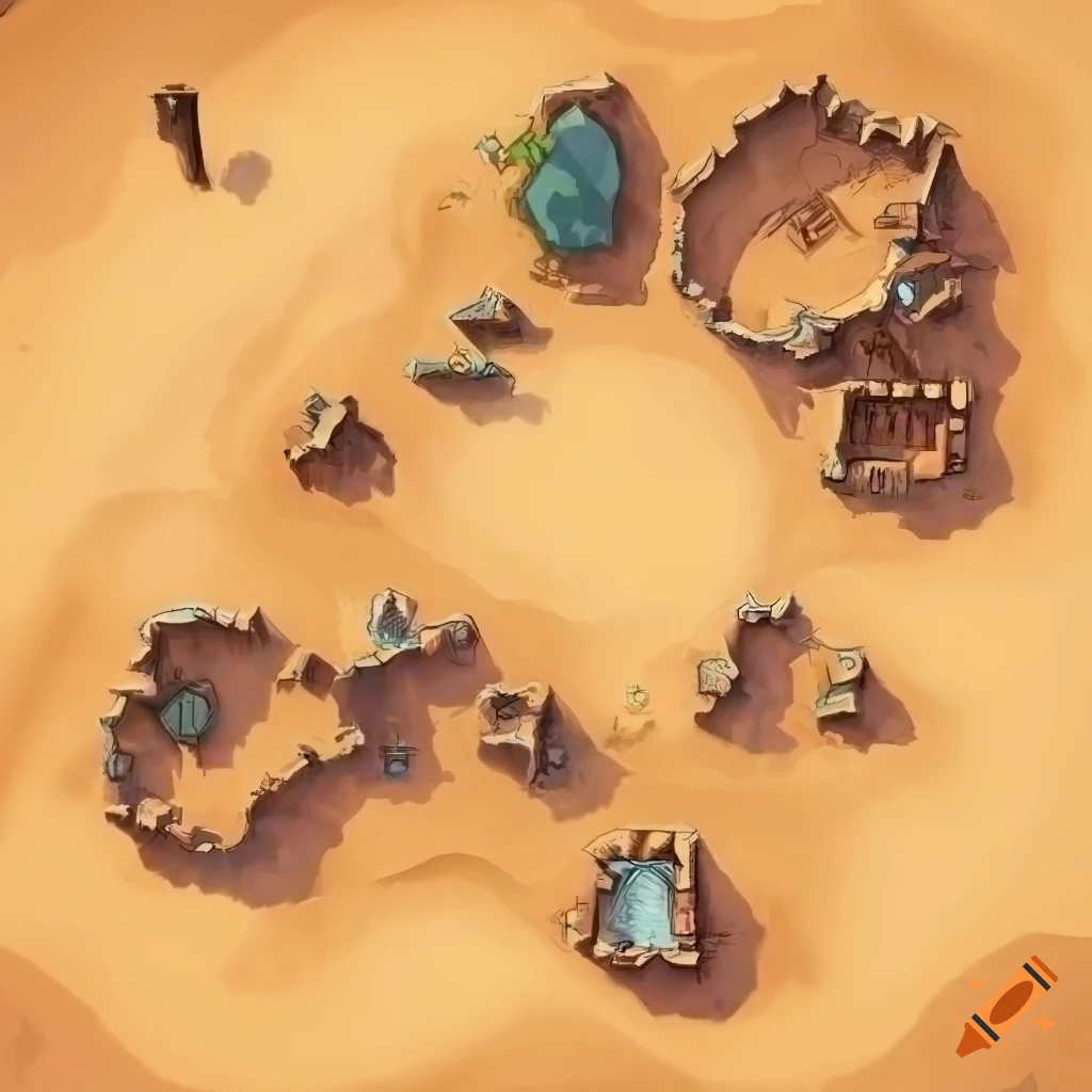 Top view fantasy game strategy map with ruins in a sandy desert valley ...
