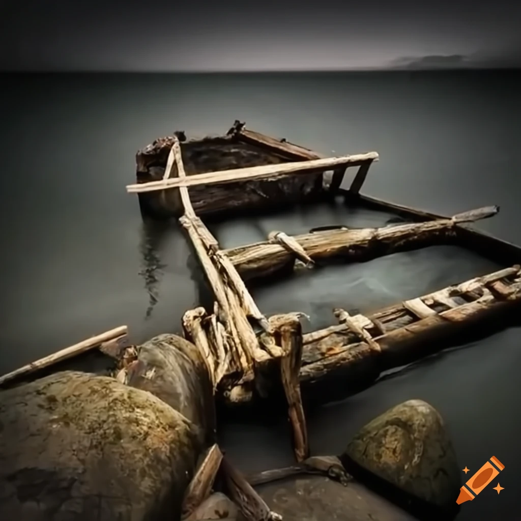 Sinking wooden raft in dark water near rocks on Craiyon