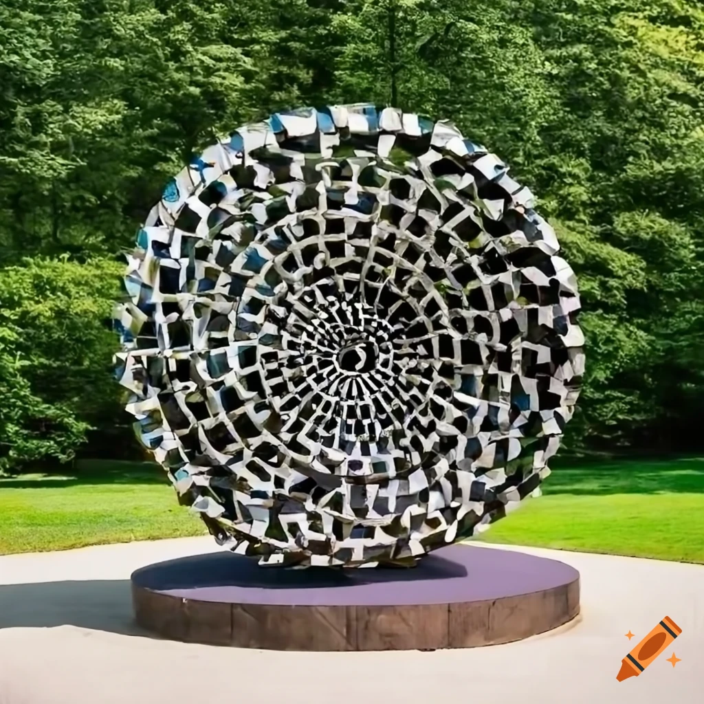 Round sculpture with static, overlaid spaces, and patterns on a sleek ...