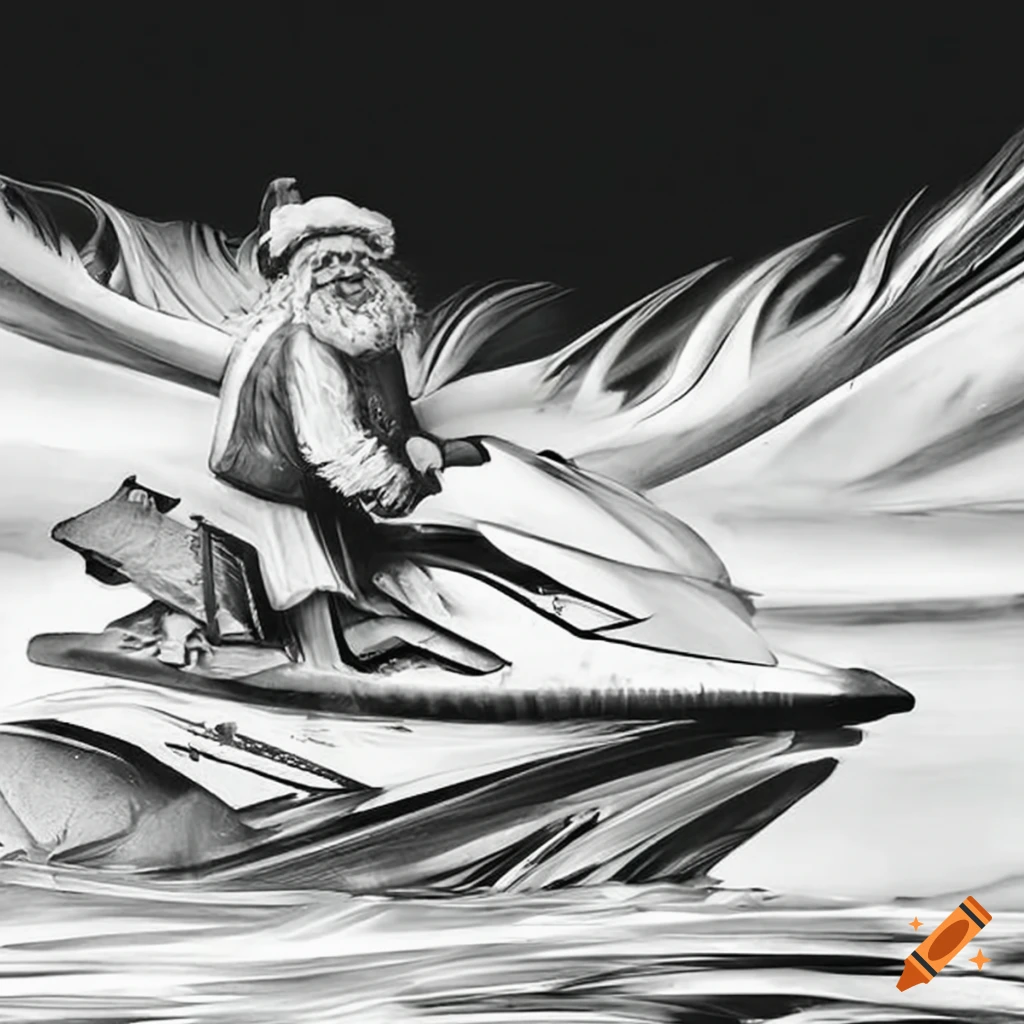 Santa claus on a jetski riding a huge wave on Craiyon