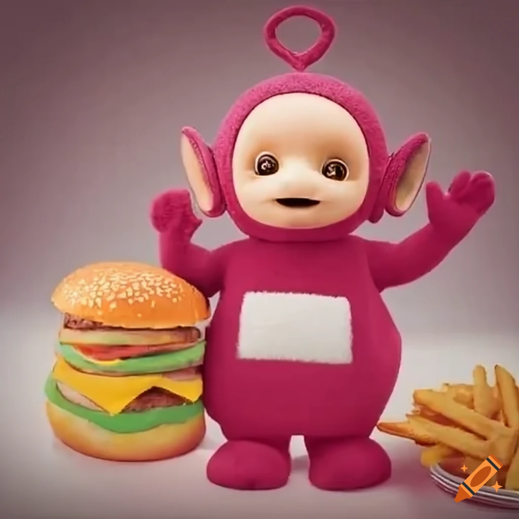 Teletubbies enjoying burgers and fries in a diner on Craiyon