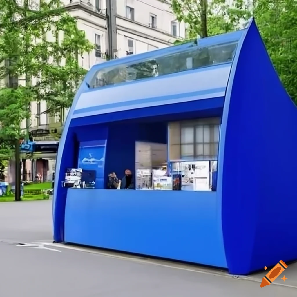 Futuristic navy blue kiosk providing health exams in a busy public ...