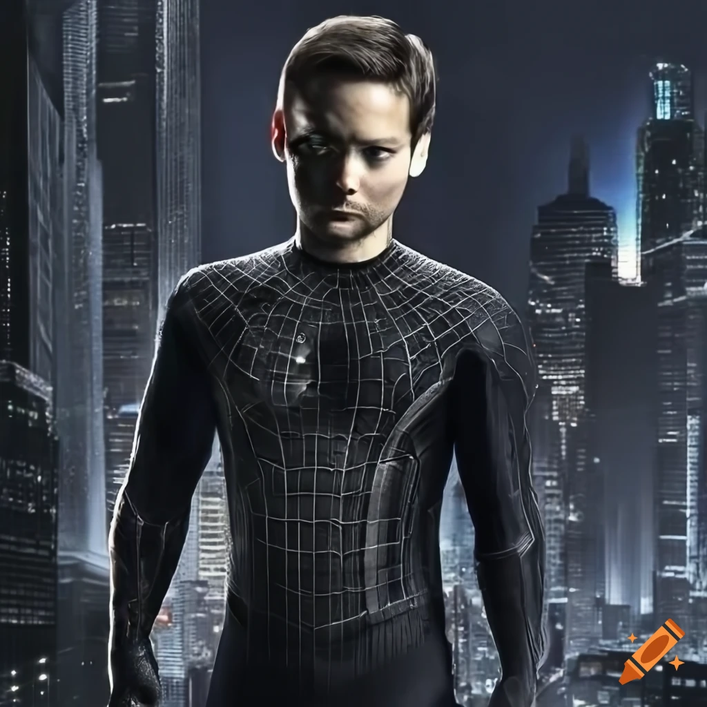 Tobey maguire in black spider-man suit against dark city background on ...