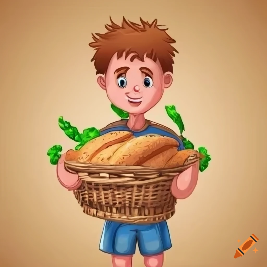Cartoon image of a boy with a basket of bread loafs in a kingdom on Craiyon