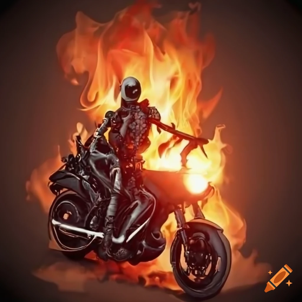 Biker skeleton riding motorcycle through flames on transparent ...