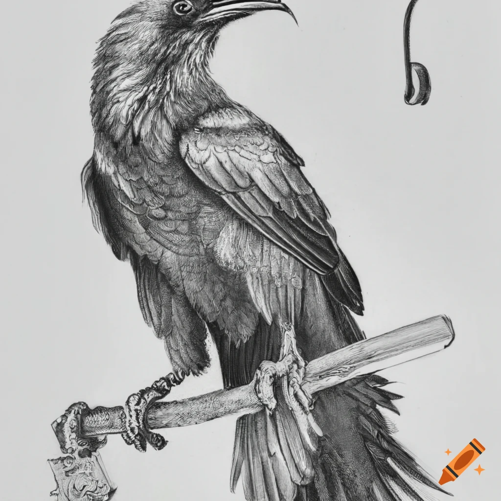 Raven with a broken wing holding a key in its beak on Craiyon