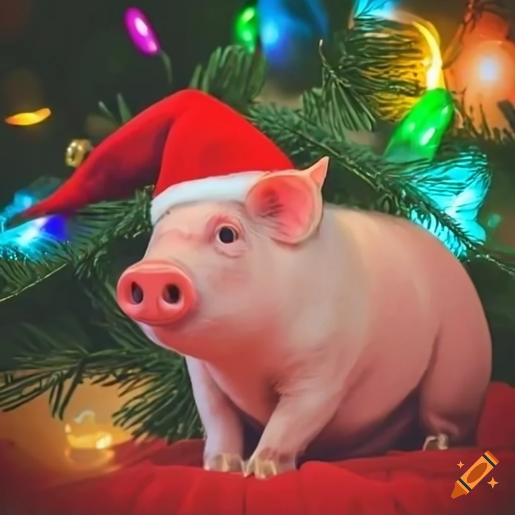 Holiday pig wearing a hat in front of a christmas tree with twinkling ...