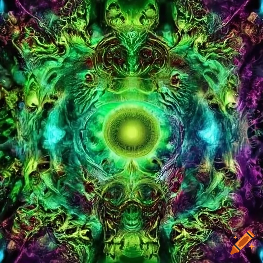 Chaos god of green consciousness rioting on Craiyon