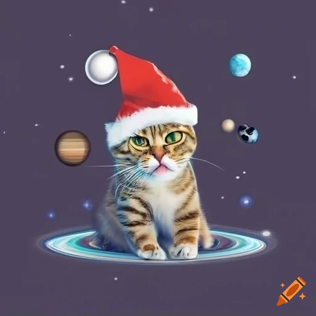 Cat with santa hat in space with saturn, jupiter, and uranus in the ...