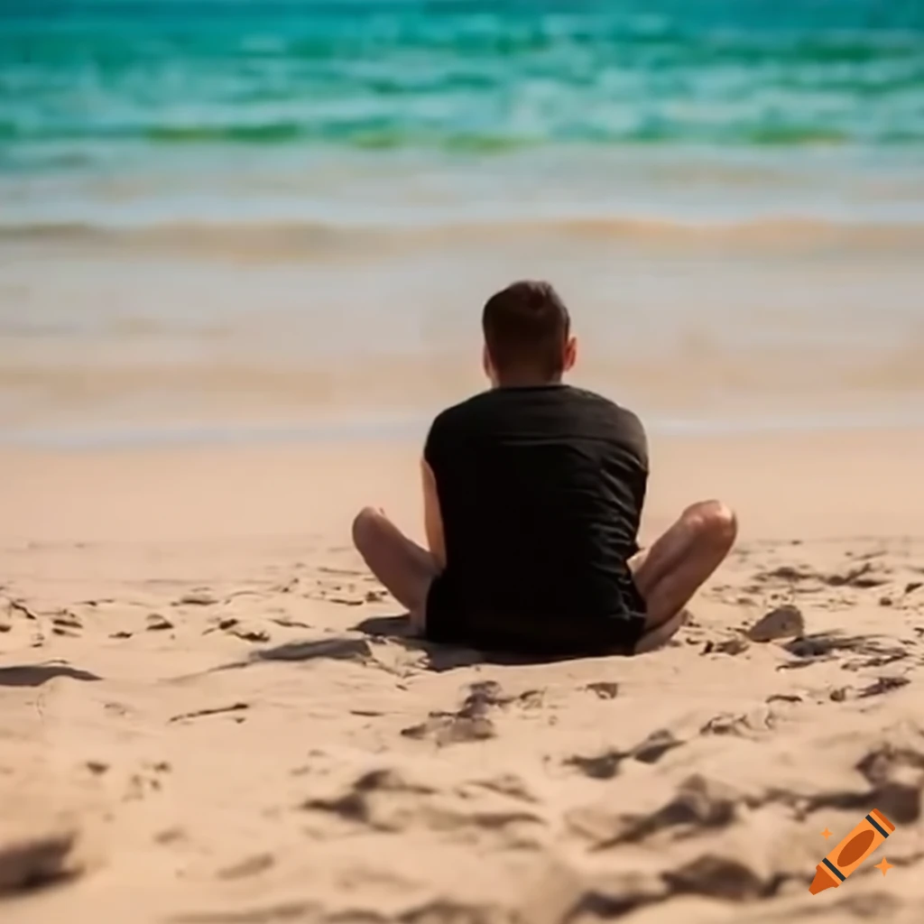 Man sitting sadly on sunny beach on Craiyon
