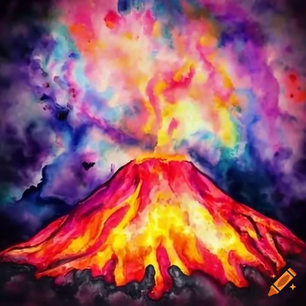 Volcano on the brink of eruption with thunderbolts and pink lava on Craiyon