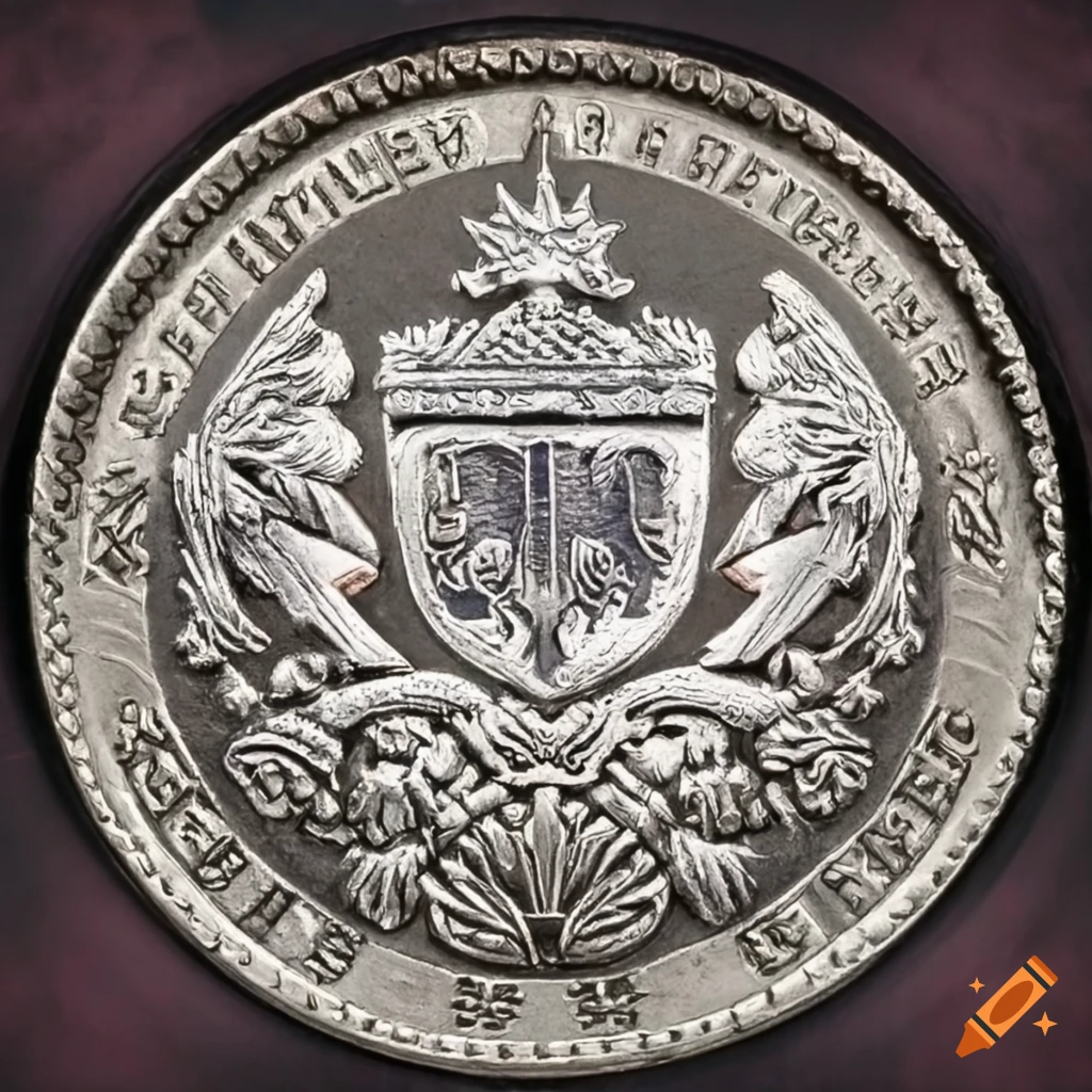Close up of a bright silver coin with a powerful emblem or shield on ...