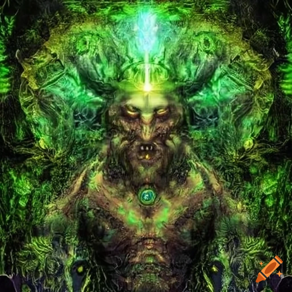 Chaos god of green consciousness rioting on Craiyon