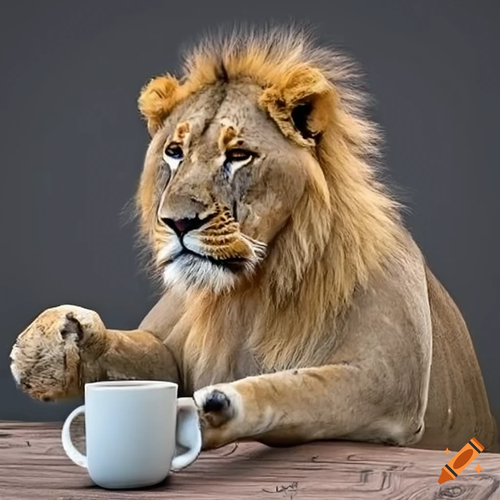 Lion sitting with a mug on the table on Craiyon