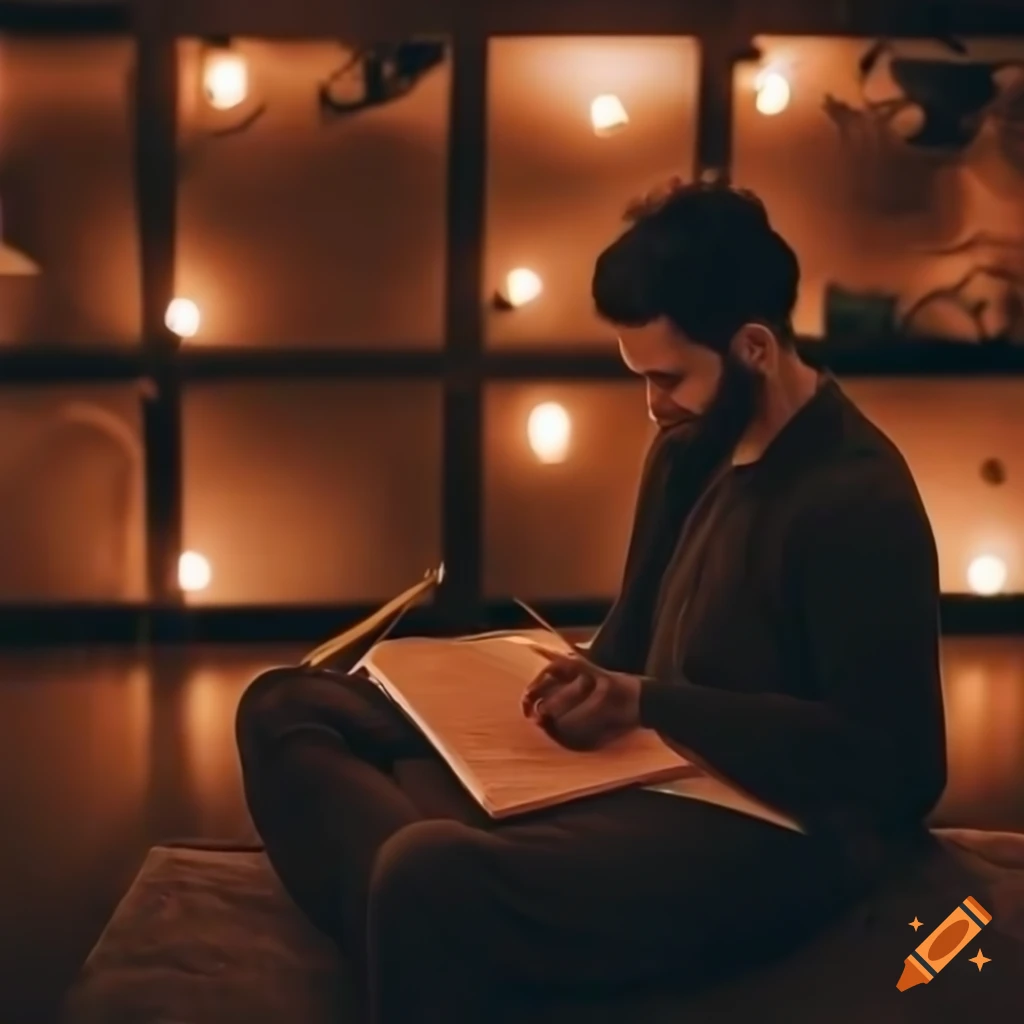 Man writing sad poetry in an aesthetic setting on Craiyon