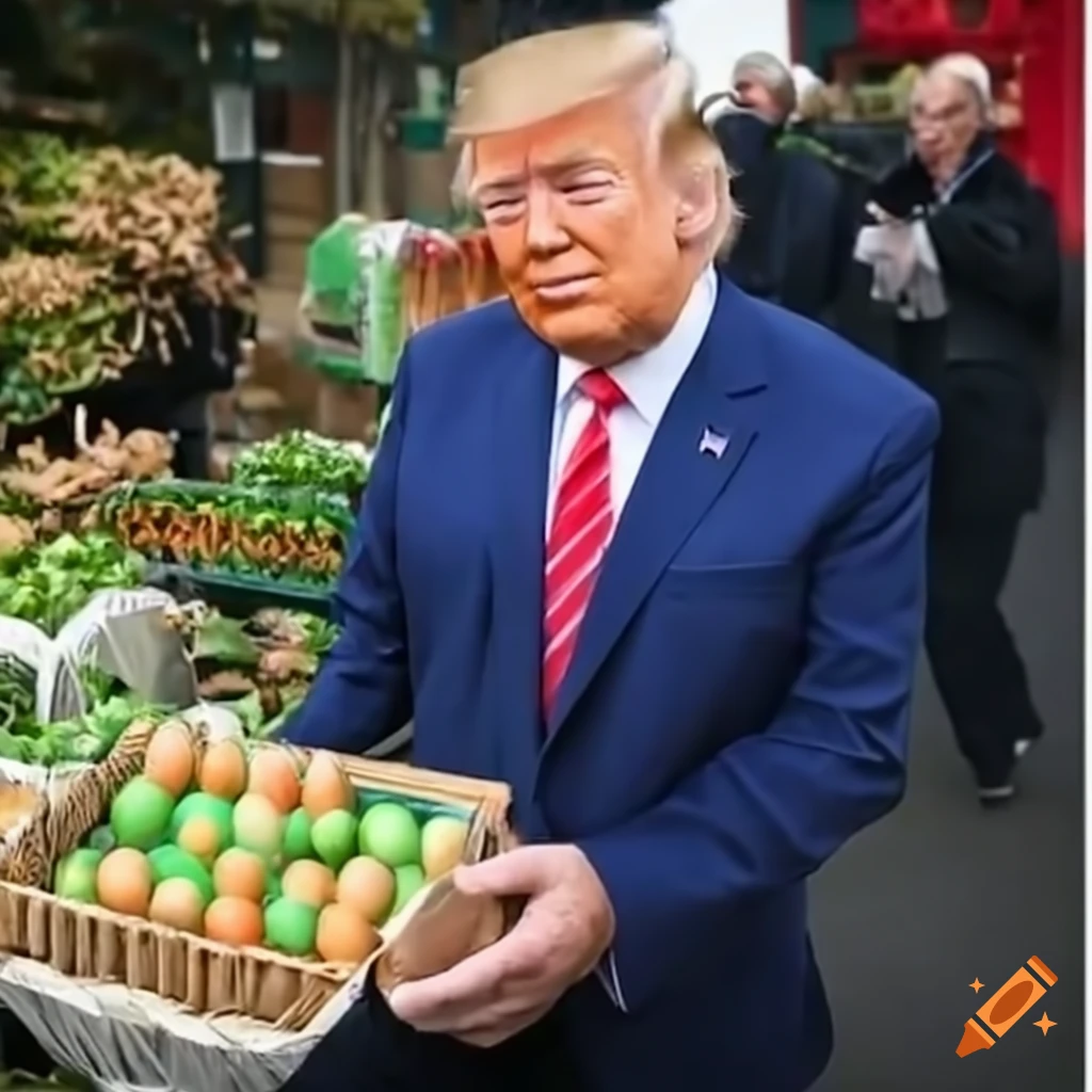 Satirical image of Donald Trump shopping for eggs in a greenery market ...