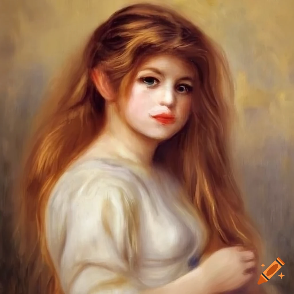 Woman with long fluffy hair in the style of renoir on Craiyon