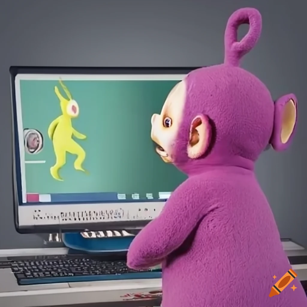 Teletubbies using a computer to create images of a man at a computer on ...
