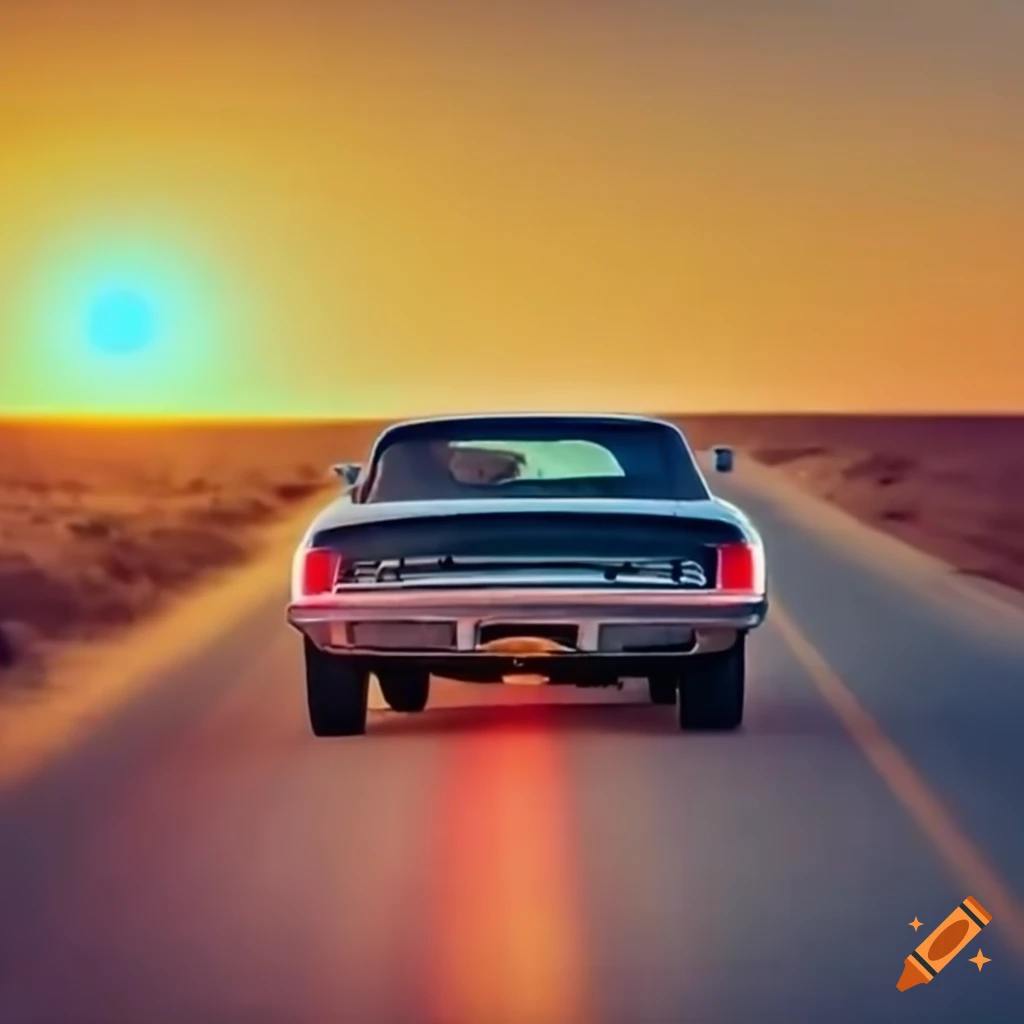 Muscle car driving into the sunset on a desert road on Craiyon