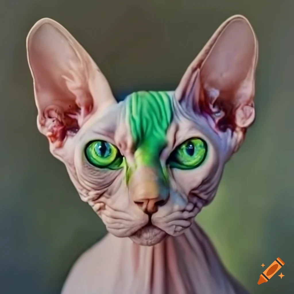 Intricately detailed portrait of a human-faced Sphynx cat with green ...