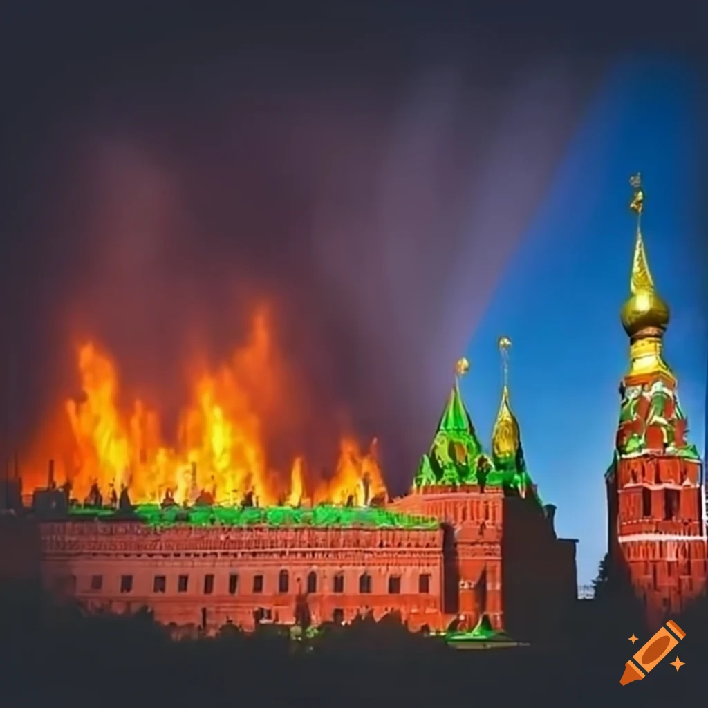 Dramatic high-quality illustration of the kremlin on fire on Craiyon