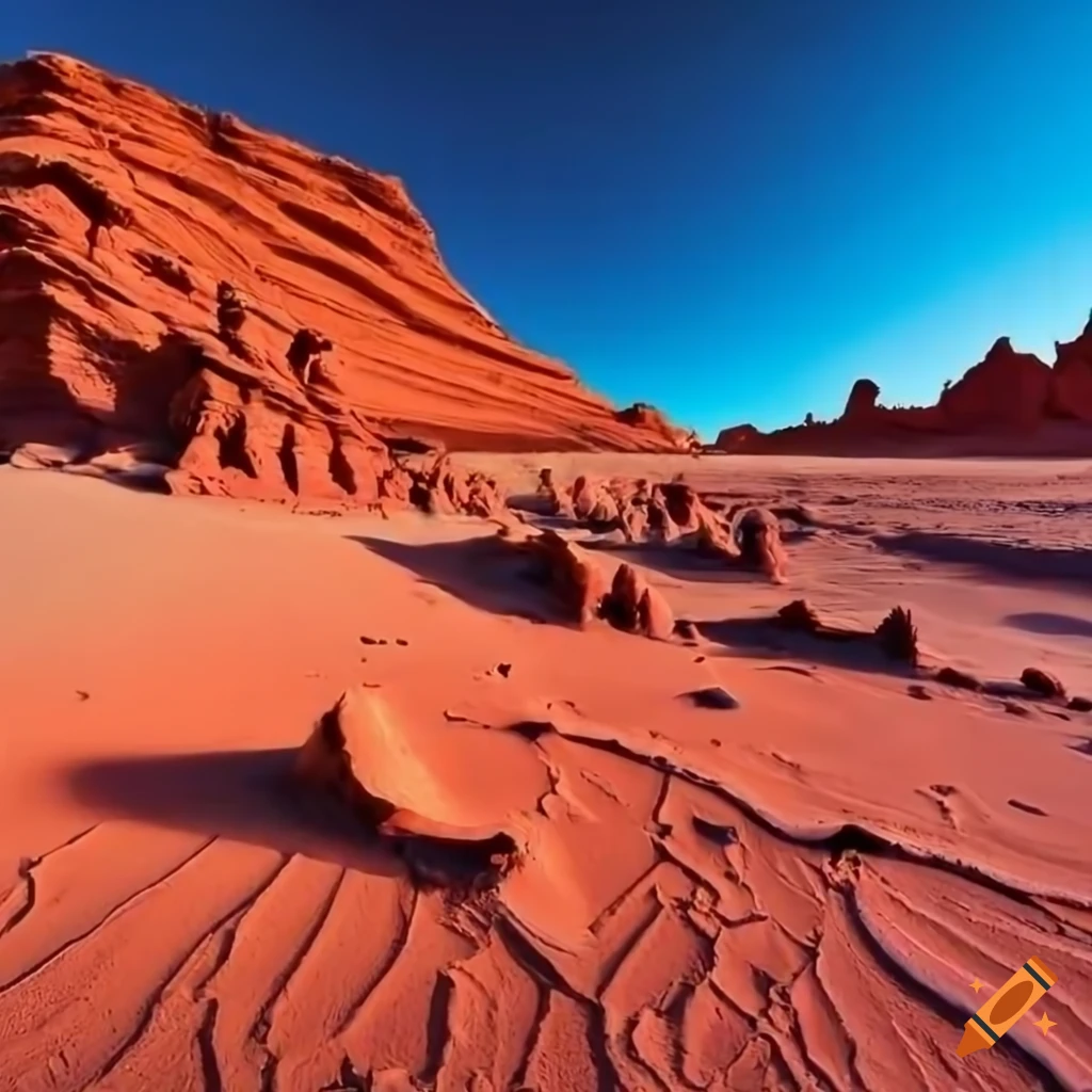 Vibrant red sand and clay formations during sunrise on Craiyon