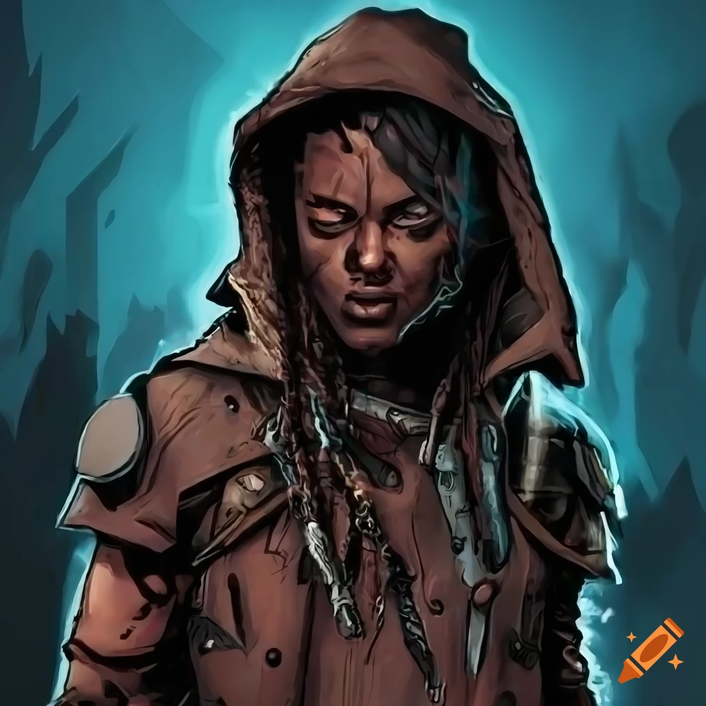 A detailed close-up of a black man in post-apocalyptic leather armor ...