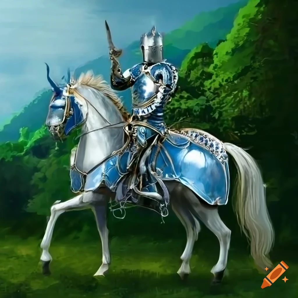 Kingly gentleman in blue armor riding a white horse amid lush greenery ...