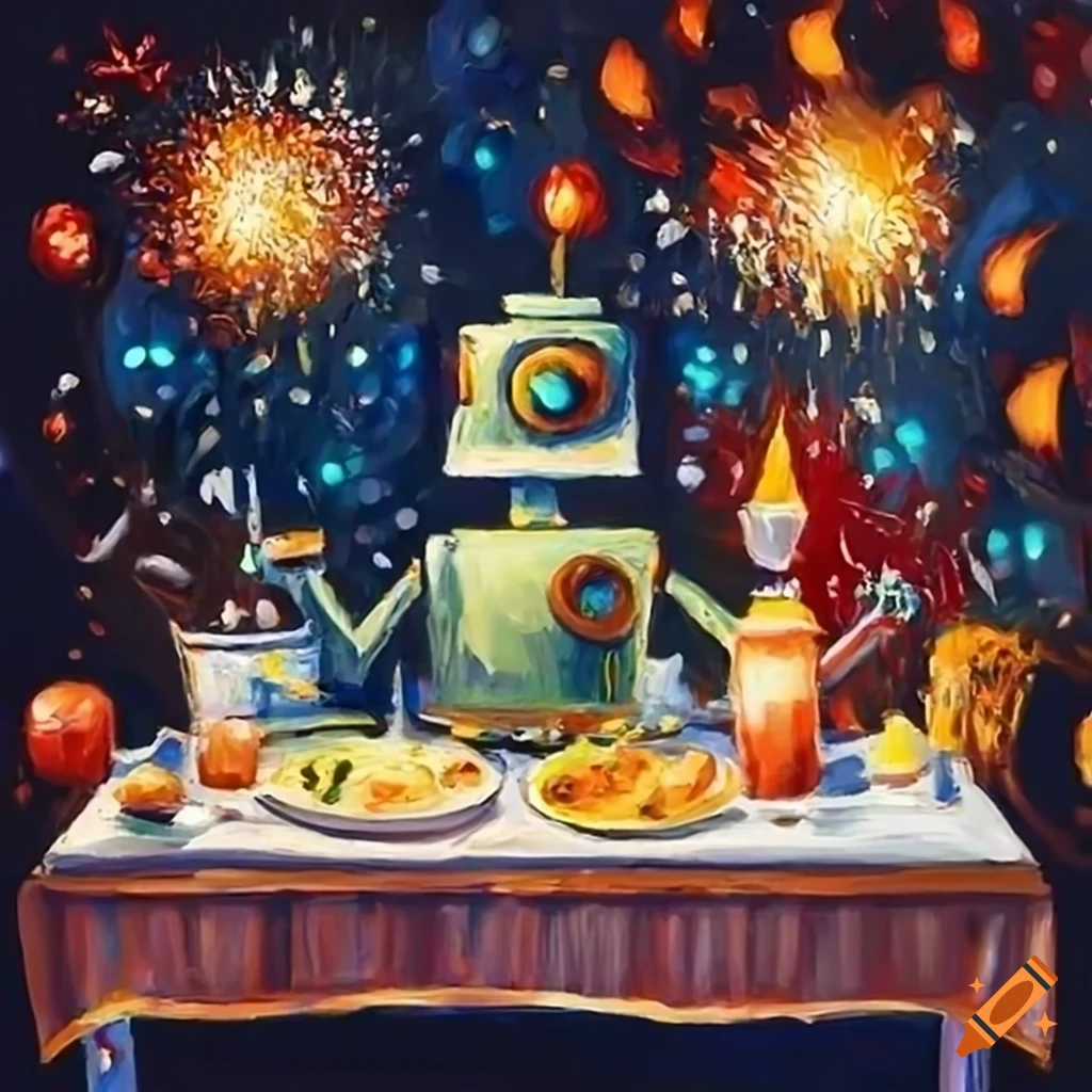 Impressionist painting of festive robot new year's eve party buffet on ...