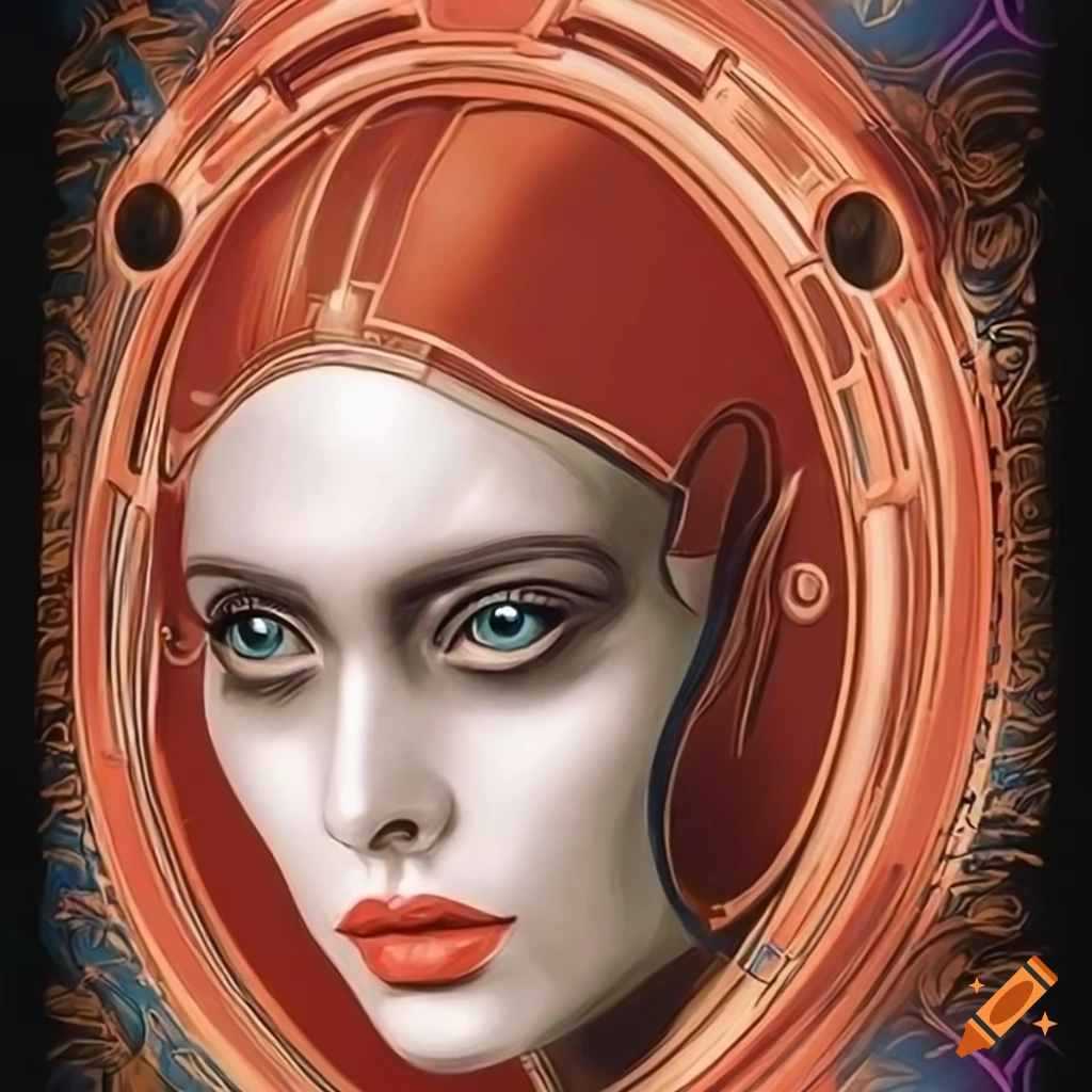 Symmetrical art deco illustration of a science fiction part robot woman ...