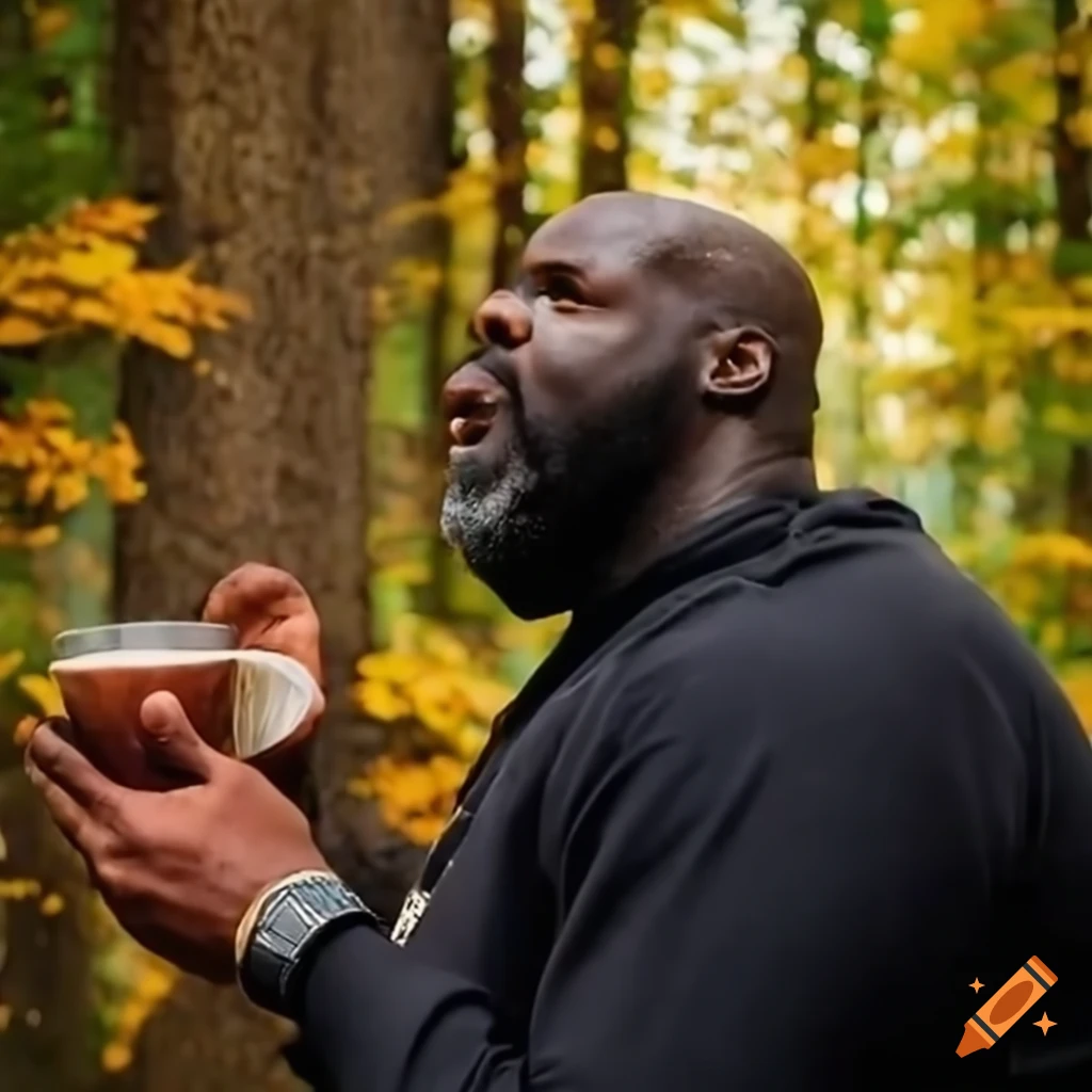 Shaquille o'neal enjoying high-quality coffee in the forest during fall ...