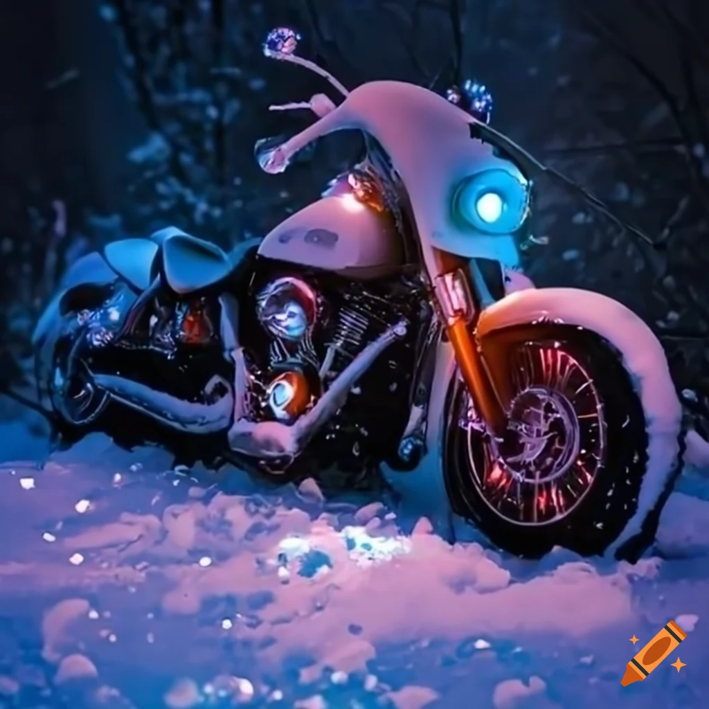 Harley davidson bike adorned with snow and holiday lights on Craiyon