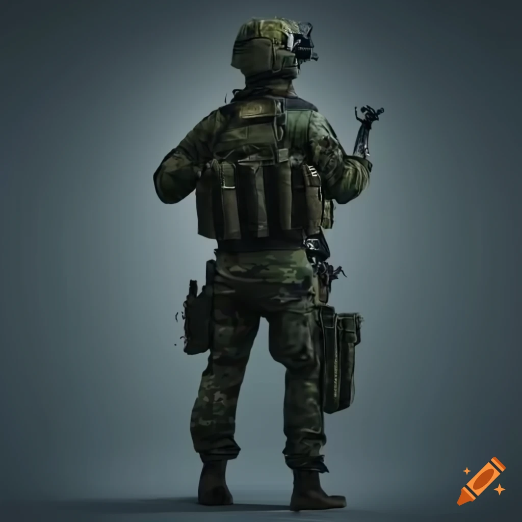 Armed soldier standing with back view on Craiyon