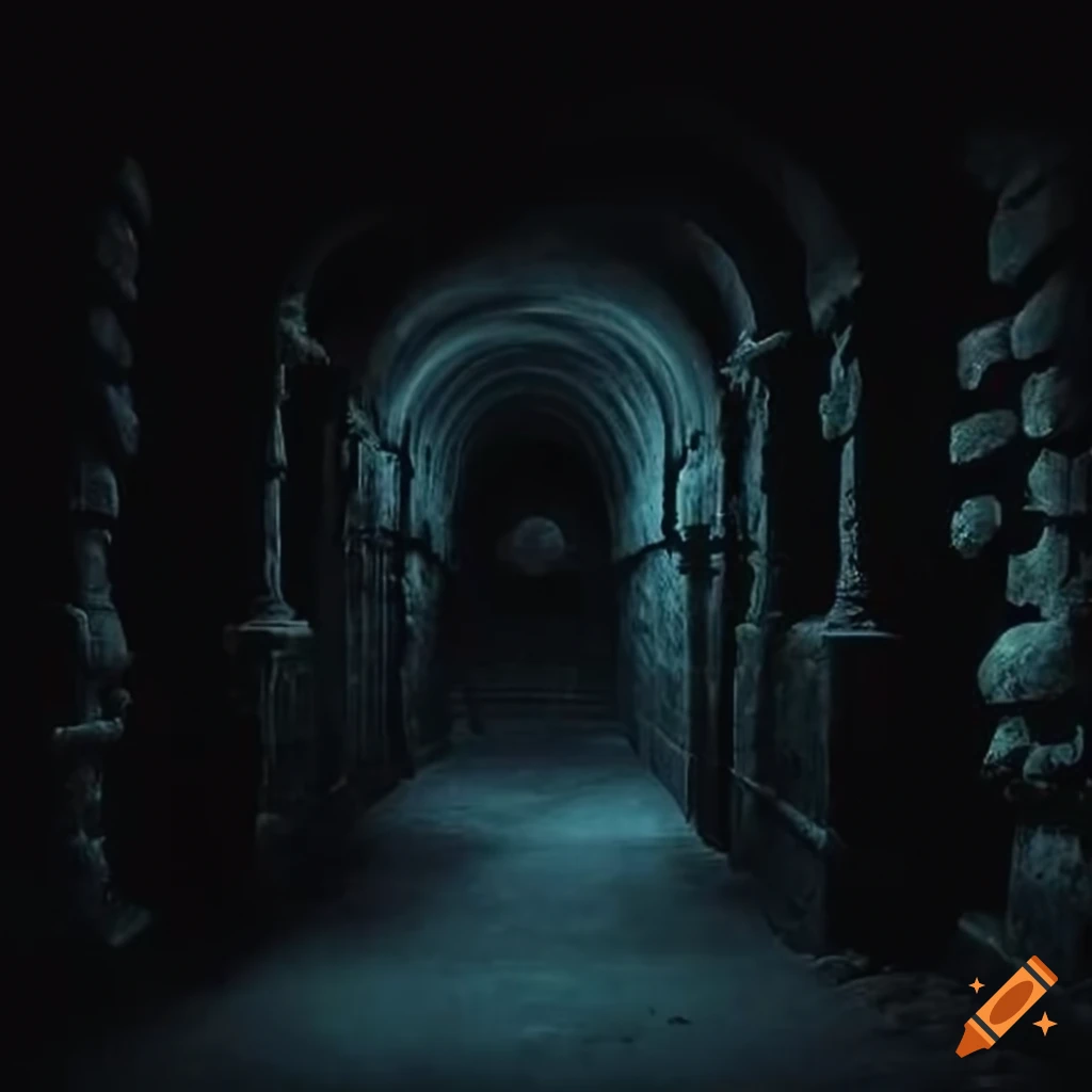 Dark haunting catacombs with illuminated torchlit corridors on Craiyon