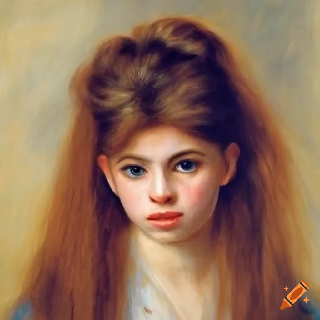 Woman with long fluffy hair in the style of renoir on Craiyon