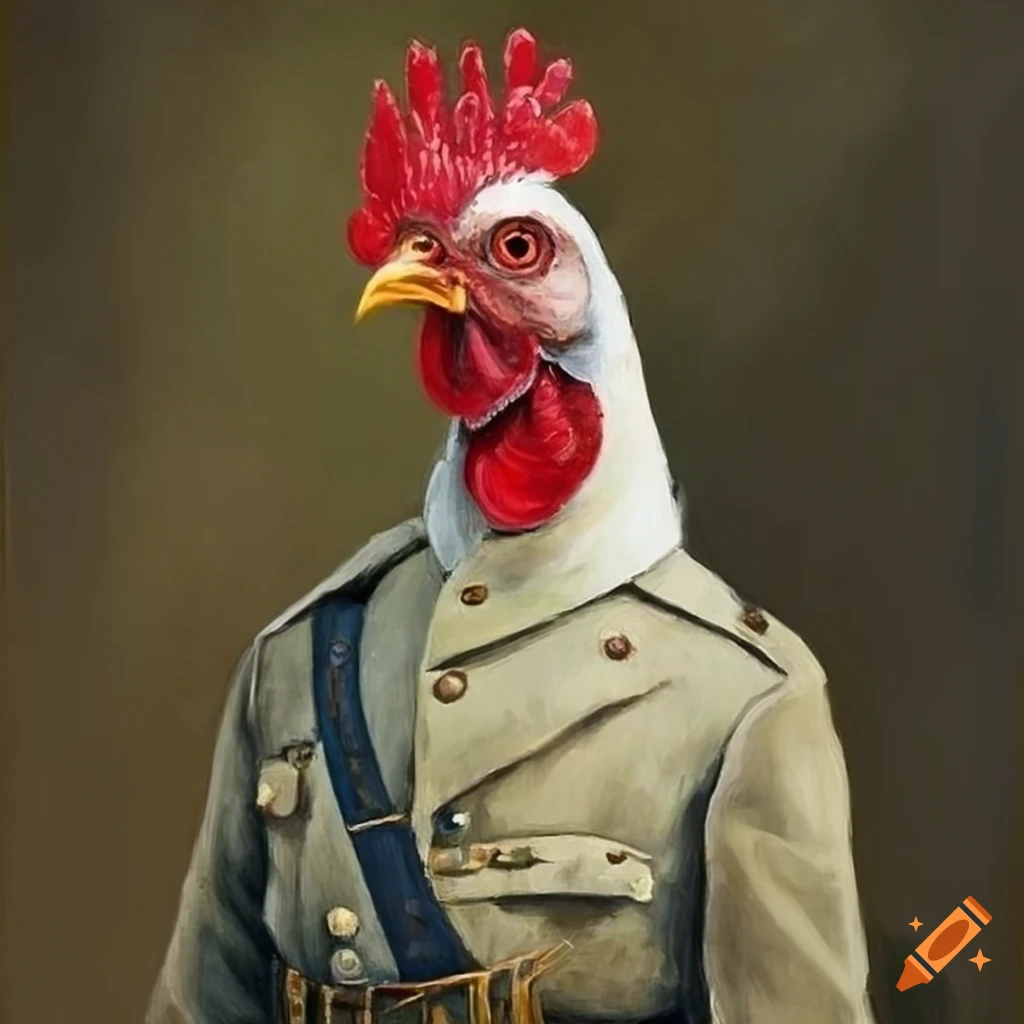 Anthropomorphic chicken in white WW1 military uniform painting on Craiyon