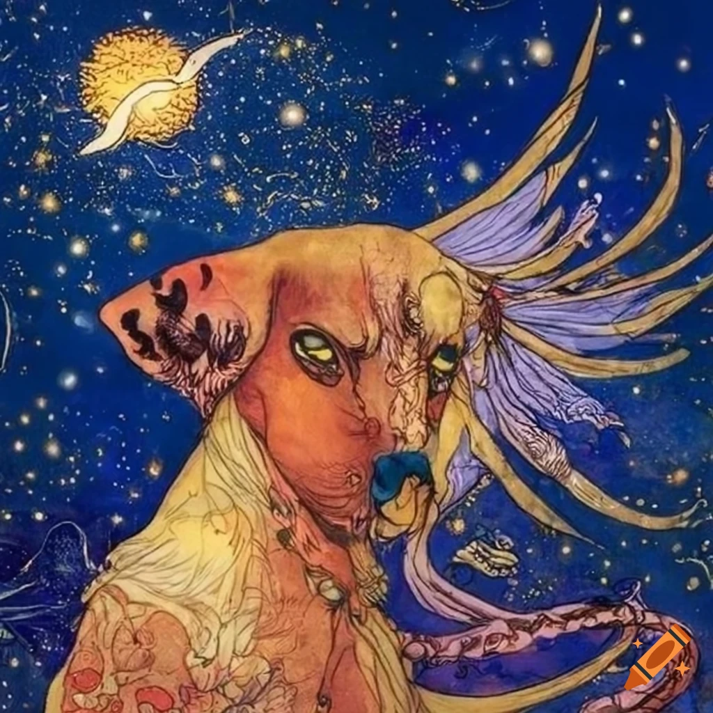 Celestial dog with a blend of Edmund Dulac and Yoshitaka Amano styles ...