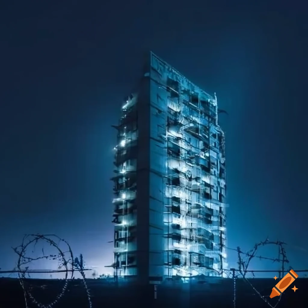 Modern building in a compound with spotlights pointing at the night sky ...