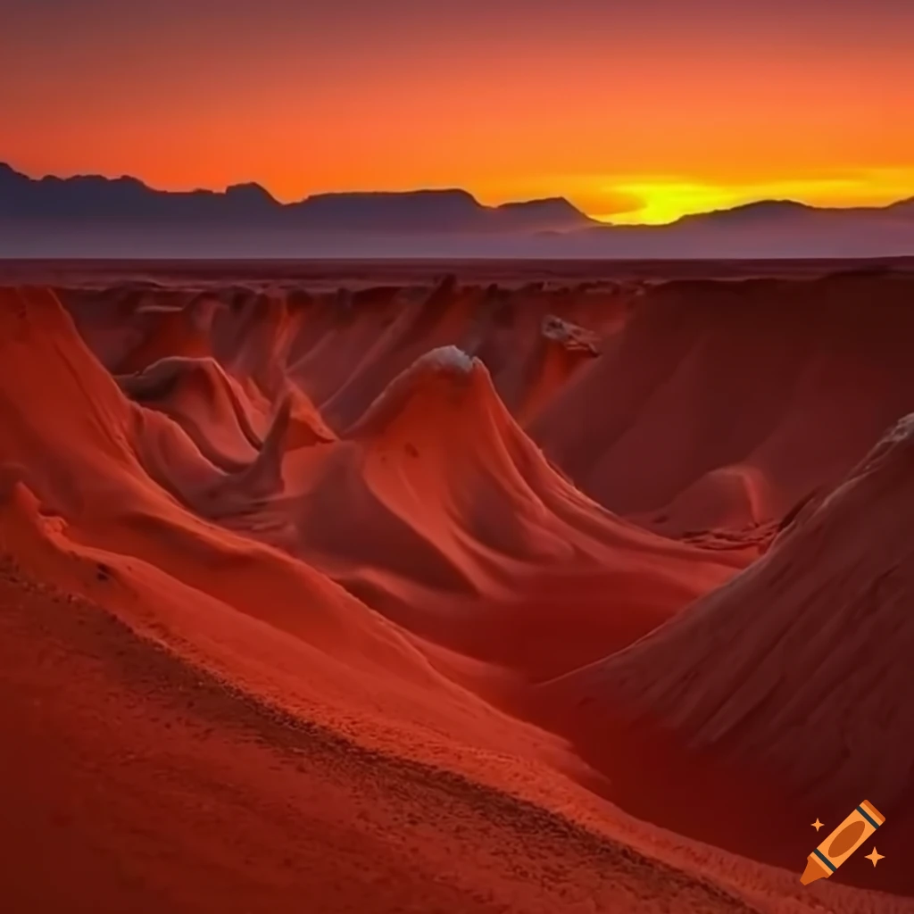 Vibrant red sand and clay formations during sunrise on Craiyon