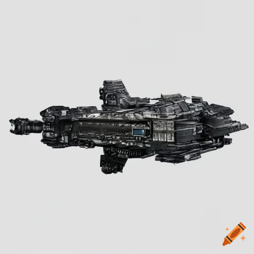 Rectangular armored human spaceship with external engines and cannons ...