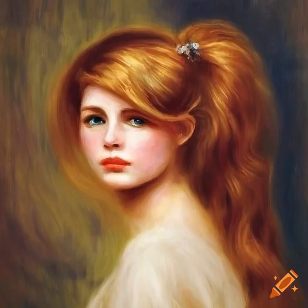 Woman with long fluffy hair in the style of renoir on Craiyon