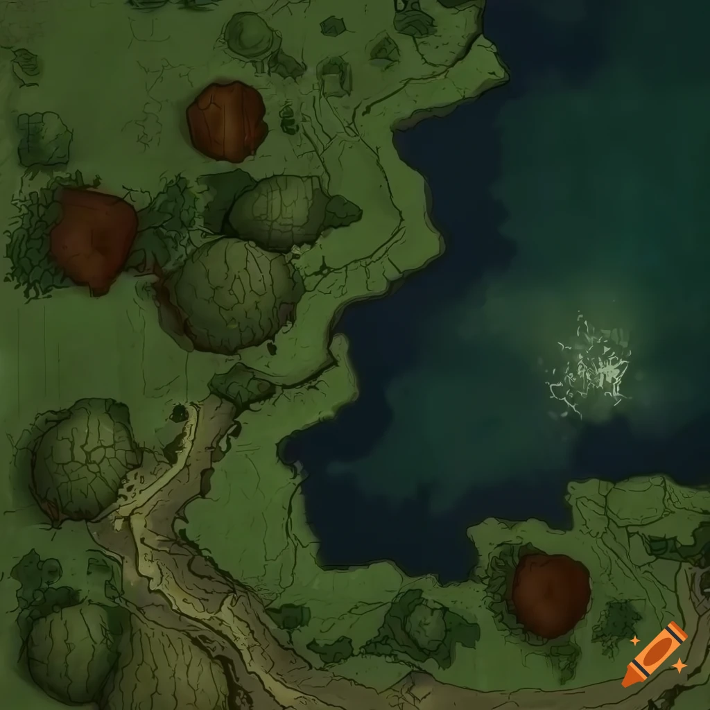 Top view of a fantasy swamp in a strategy game map grid on Craiyon