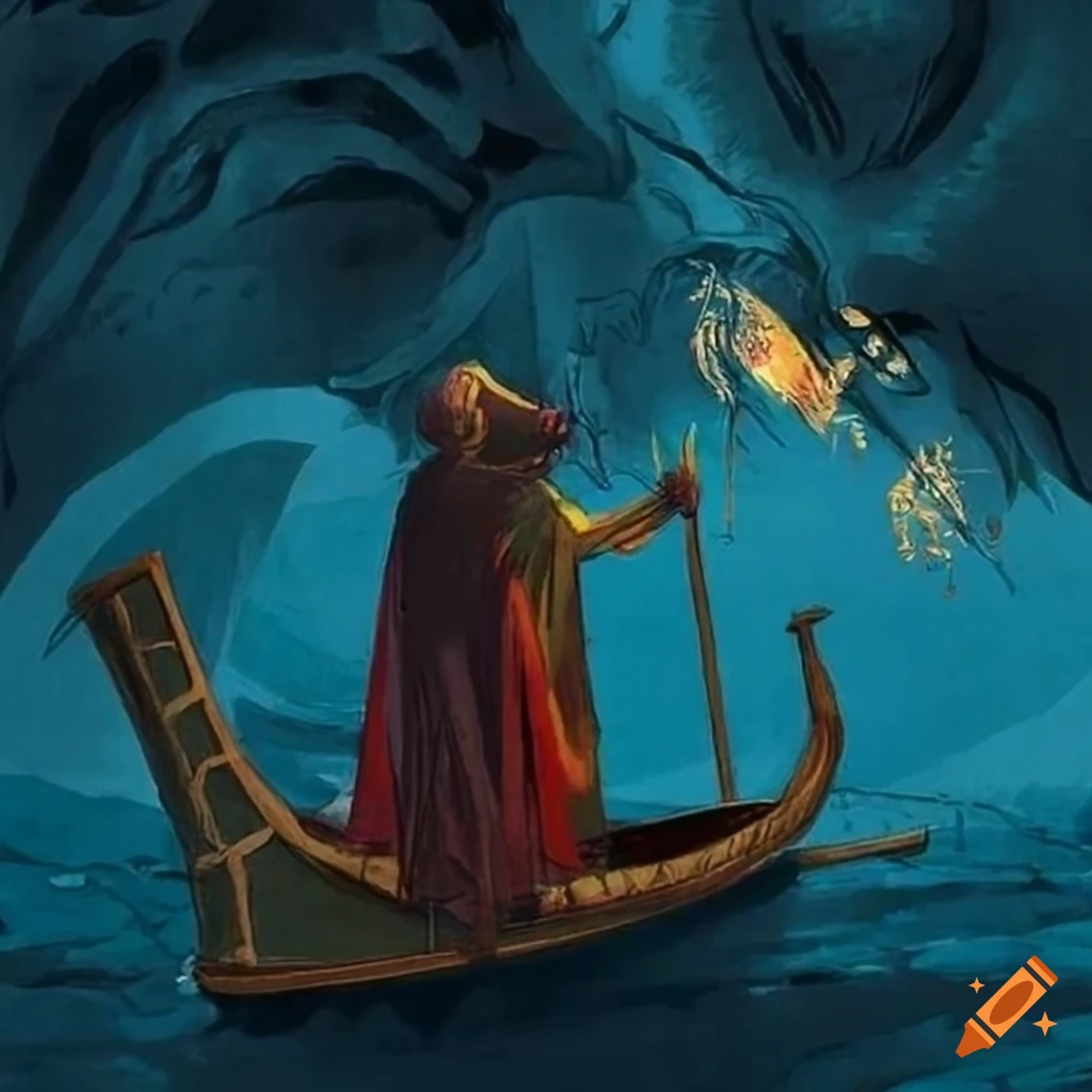 Ferryman charon guiding a person into the river with torches and ...