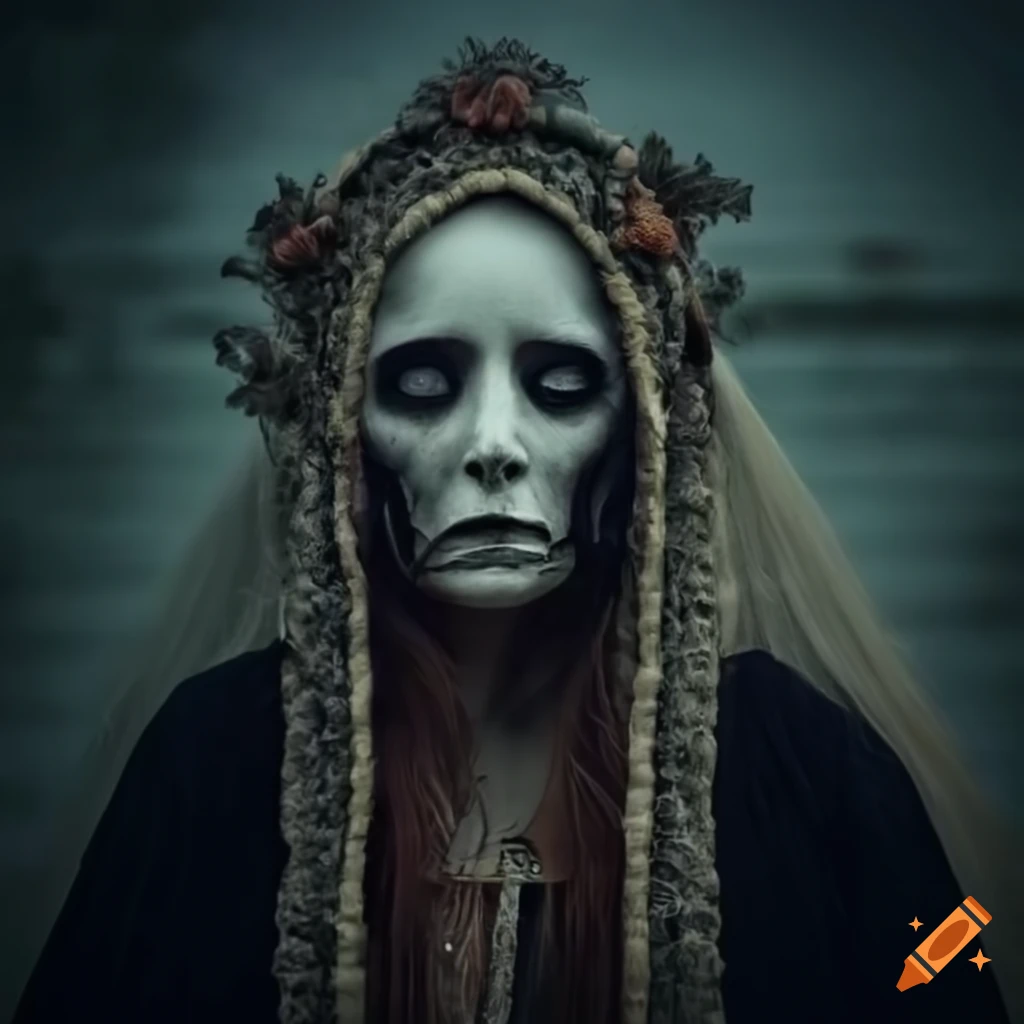 Eerie haunting portrait of person in nordic folklore mask in a ghostly ...