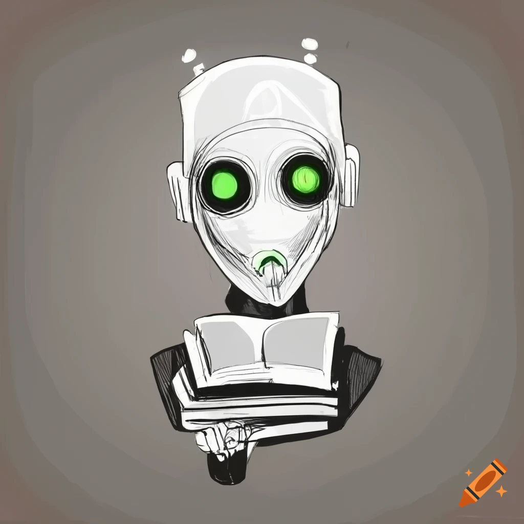Robot with a white mask holding a book in sketch style on Craiyon