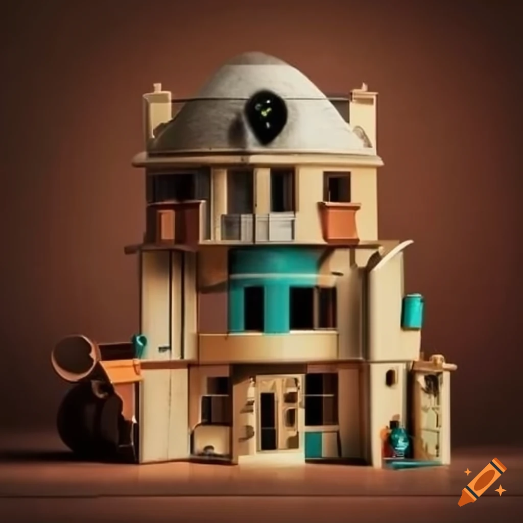 Strange surrealist toys like trucks, dolls, legos, houses, soldiers ...